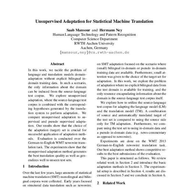 Unsupervised Adaptation for Statistical Machine Translation - ACL Anthology