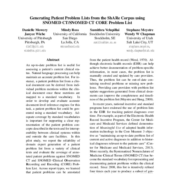 Generating Patient Problem Lists from the ShARe Corpus using SNOMED CT ...