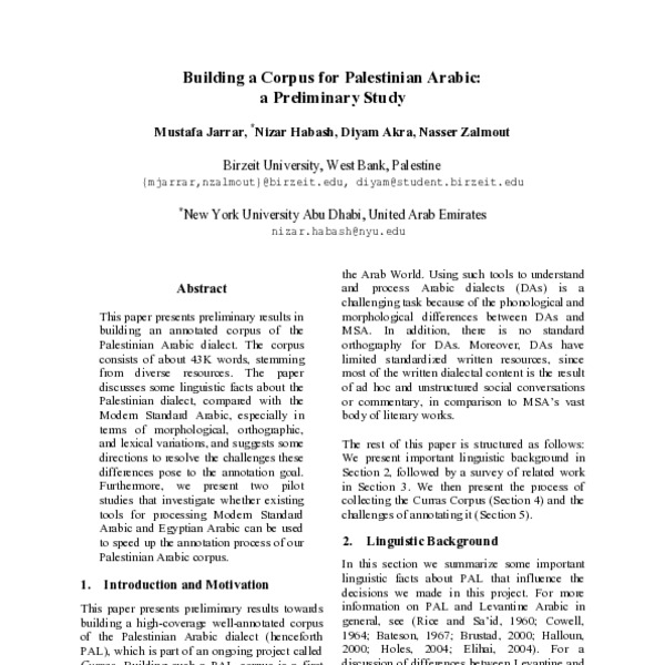 Building a Corpus for Palestinian Arabic: a Preliminary Study - ACL ...