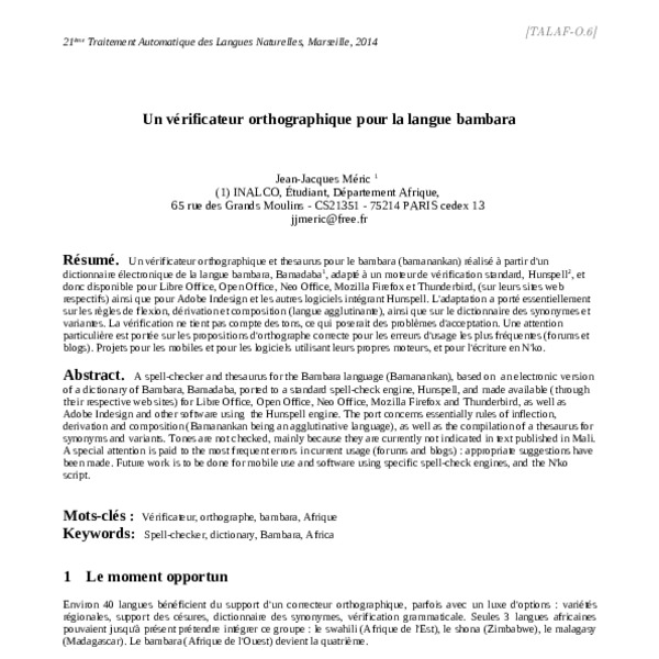 A spell-checker and thesaurus for Bambara (Bamanankan) (Un vérificateur ...