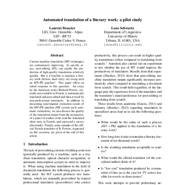 Automated Translation of a Literary Work: A Pilot Study - ACL Anthology