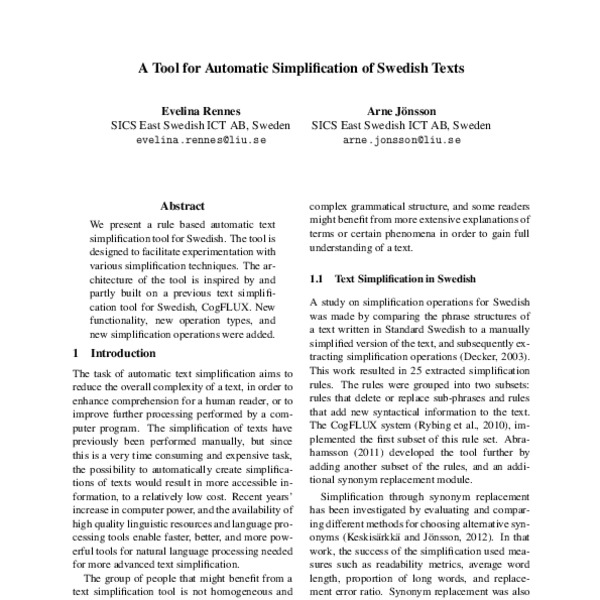A Tool for Automatic Simplification of Swedish Texts - ACL Anthology
