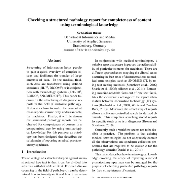 Checking a structured pathology report for completeness of content ...