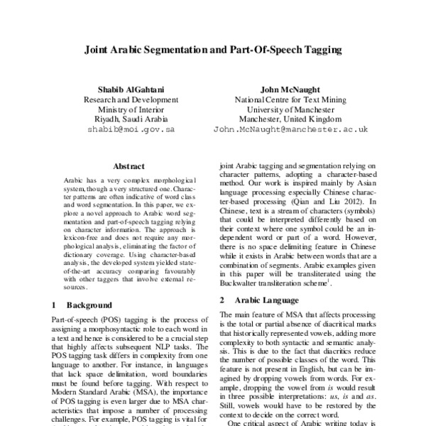 Joint Arabic Segmentation And Part Of Speech Tagging Acl Anthology