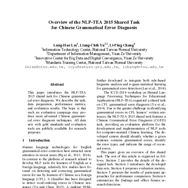 Overview of the NLP-TEA 2015 Shared Task for Chinese Grammatical Error Diagnosis - ACL Anthology