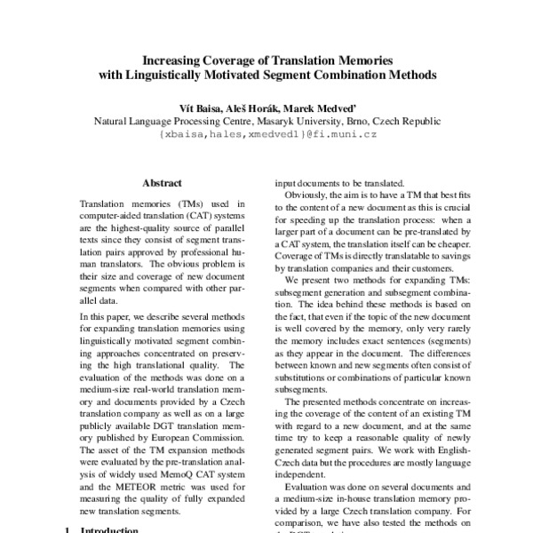 Increasing Coverage of Translation Memories with Linguistically ...