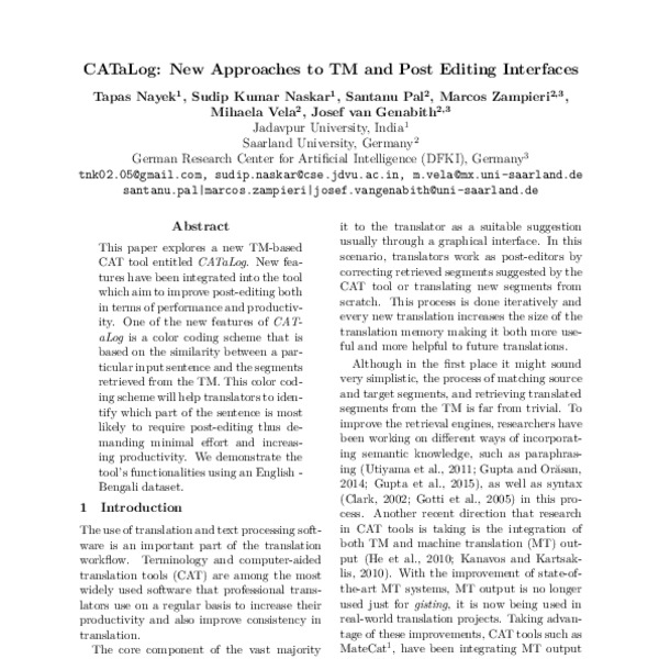 CATaLog: New Approaches to TM and Post Editing Interfaces - ACL Anthology