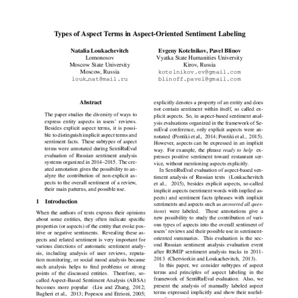 Types of Aspect Terms in Aspect-Oriented Sentiment Labeling - ACL Anthology