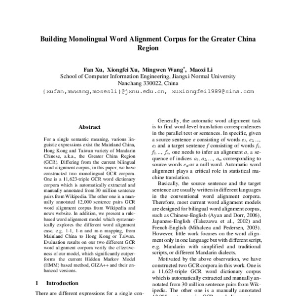 Building Monolingual Word Alignment Corpus for the Greater China Region ...