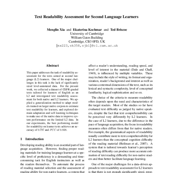 Text Readability Assessment for Second Language Learners - ACL Anthology