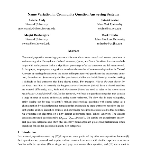 Name Variation in Community Question Answering Systems - ACL Anthology