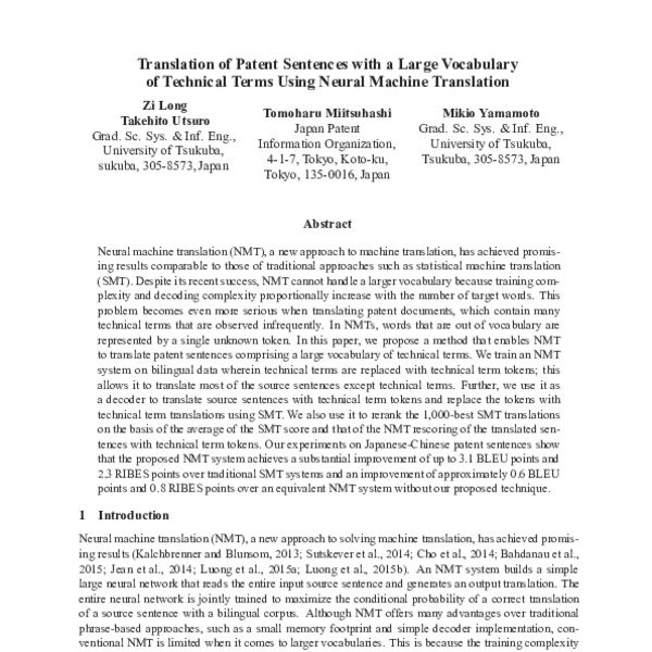 Translation of Patent Sentences with a Large Vocabulary of Technical ...