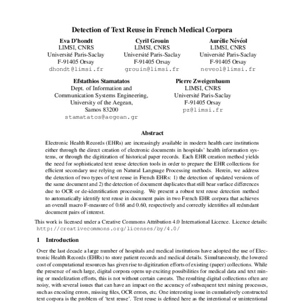 Detection of Text Reuse in French Medical Corpora - ACL Anthology