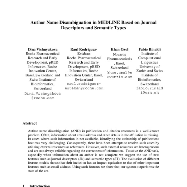 Author Name Disambiguation in MEDLINE Based on Journal Descriptors and ...