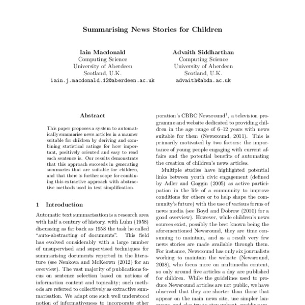 Summarising News Stories for Children - ACL Anthology