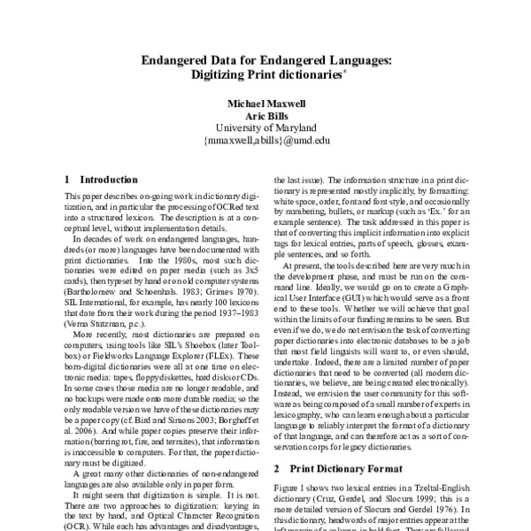 Endangered Data for Endangered Languages: Digitizing Print dictionaries ...