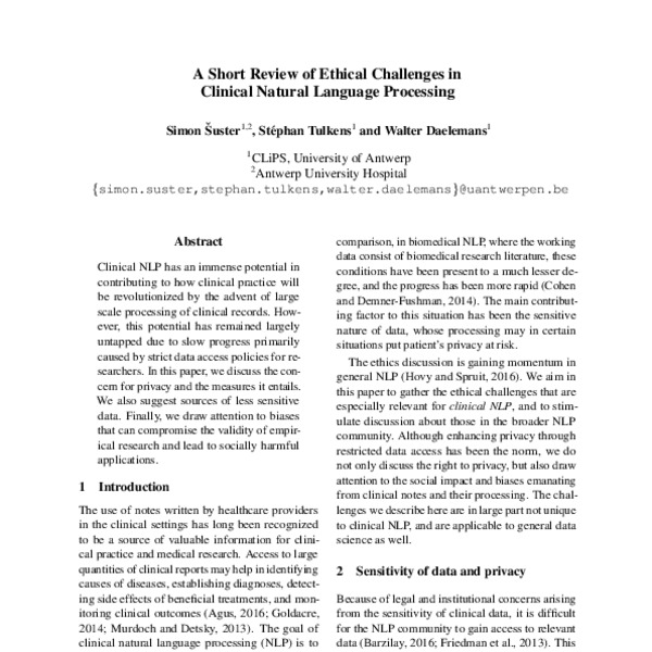 A Short Review of Ethical Challenges in Clinical Natural Language ...
