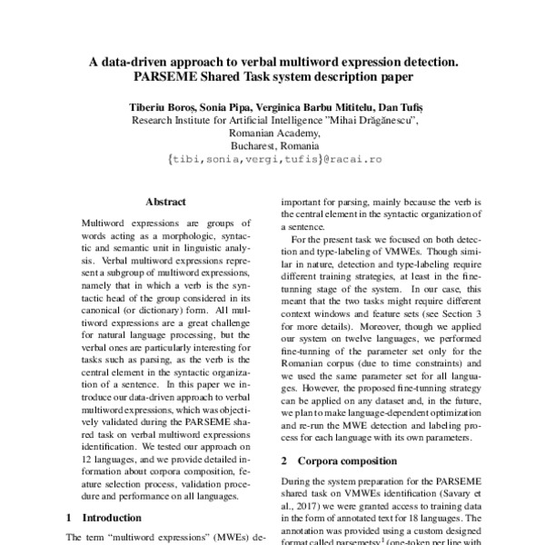 A data-driven approach to verbal multiword expression detection. PARSEME Shared Task system ...