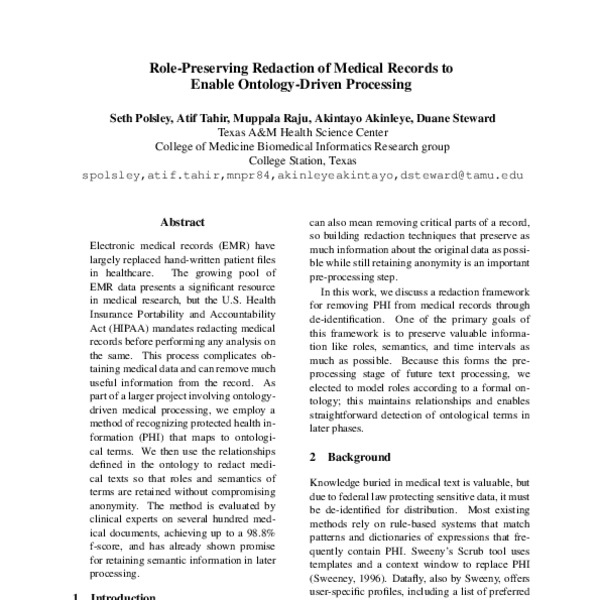 Role-Preserving Redaction of Medical Records to Enable Ontology-Driven ...