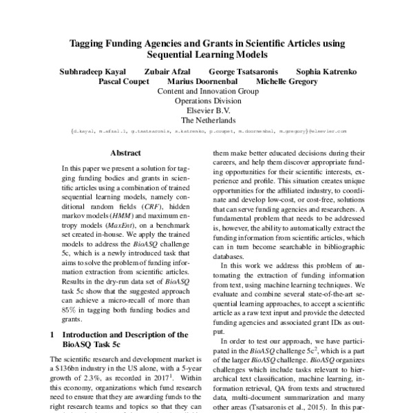 Tagging Funding Agencies and Grants in Scientific Articles using ...