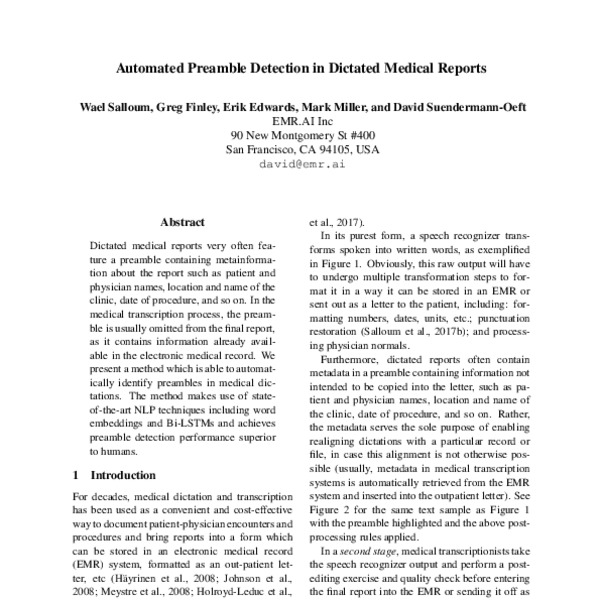 Automated Preamble Detection in Dictated Medical Reports - ACL Anthology