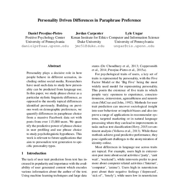 Personality Driven Differences in Paraphrase Preference - ACL Anthology