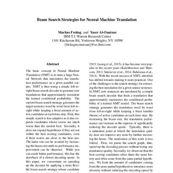 Beam Search Strategies for Neural Machine Translation - ACL Anthology