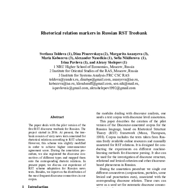 Rhetorical relations markers in Russian RST Treebank - ACL Anthology