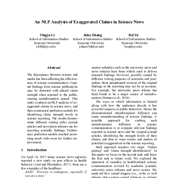 An NLP Analysis of Exaggerated Claims in Science News - ACL Anthology