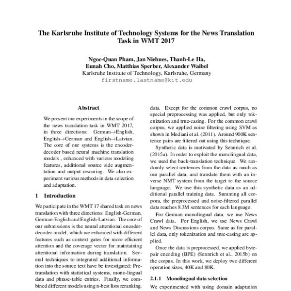 The Karlsruhe Institute of Technology Systems for the News Translation ...