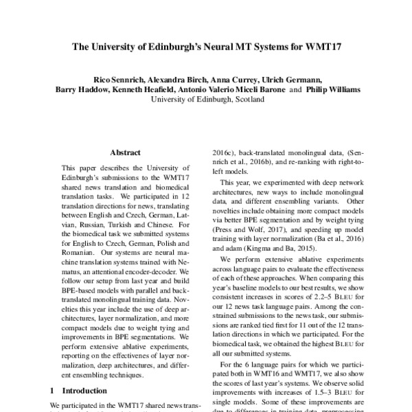 The University Of Edinburghs Neural Mt Systems For Wmt17 Acl Anthology