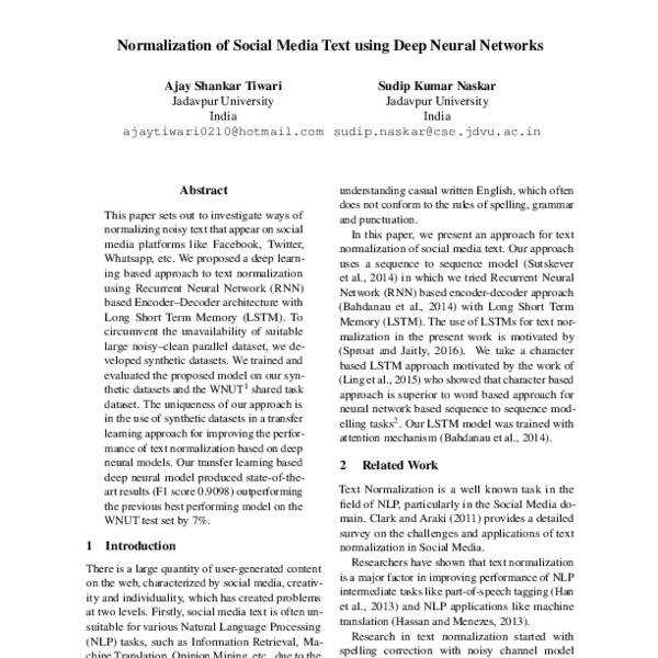 Normalization Of Social Media Text Using Deep Neural Networks Acl Anthology