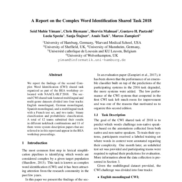 A Report on the Complex Word Identification Shared Task 2018 - ACL Anthology