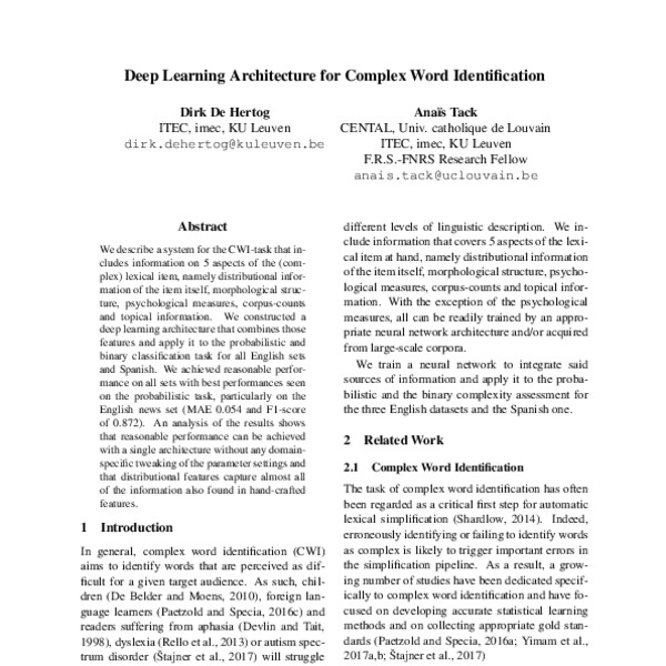 Deep Learning Architecture For Complex Word Identification Acl Anthology