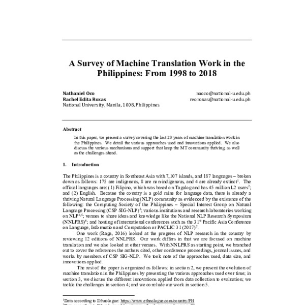 A Survey of Machine Translation Work in the Philippines: From 1998 to ...