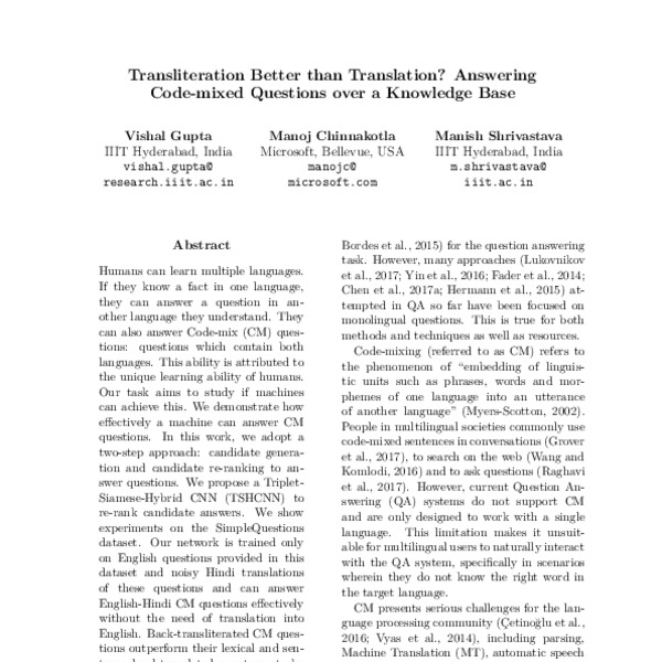 Transliteration Better than Translation? Answering Code-mixed Questions ...