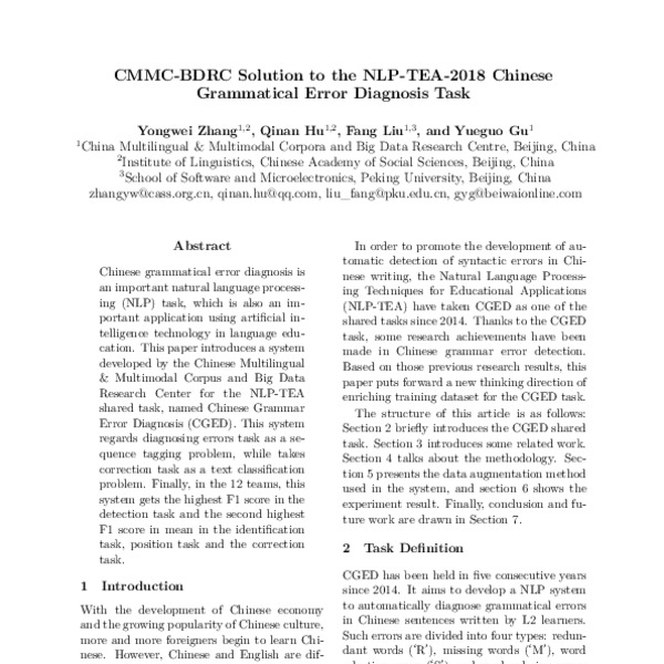 CMMC-BDRC Solution to the NLP-TEA-2018 Chinese Grammatical Error Diagnosis Task - ACL Anthology