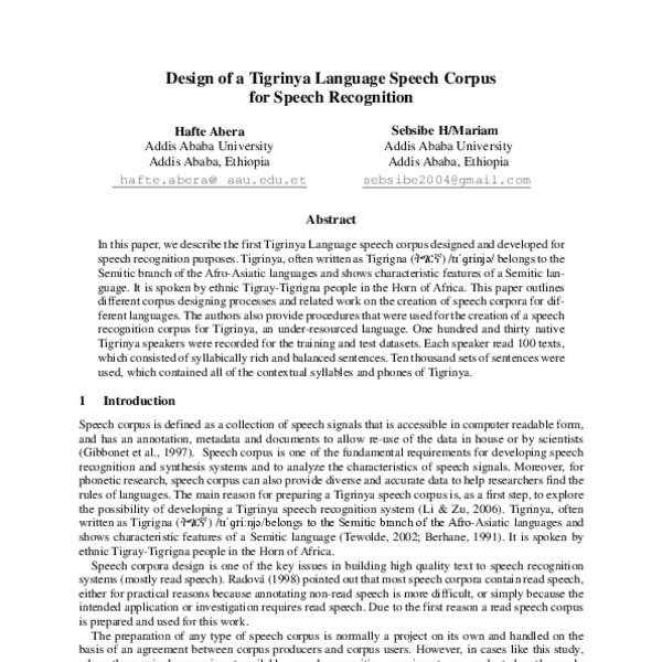 Design of a Tigrinya Language Speech Corpus for Speech Recognition ...