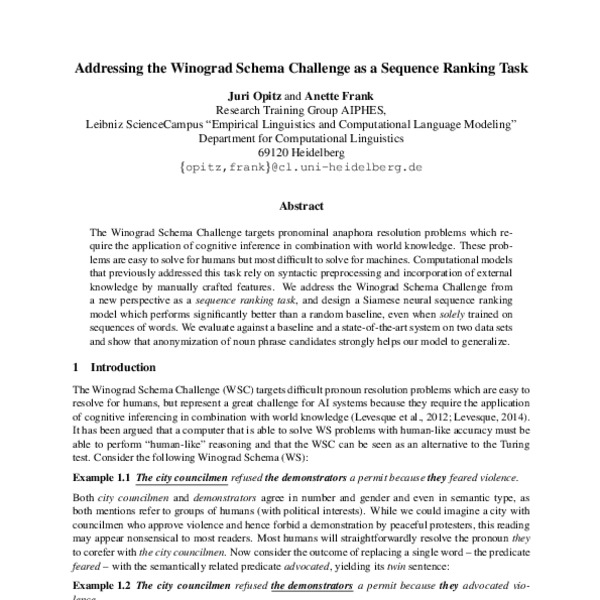 Addressing the Winograd Schema Challenge as a Sequence Ranking Task ...