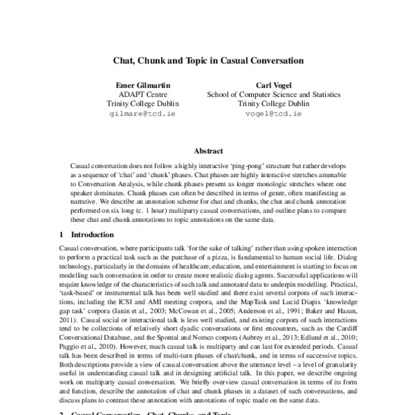 Chat,Chunk and Topic in Casual Conversation - ACL Anthology