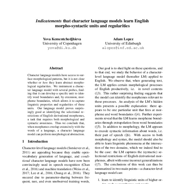 ‘Indicatements’ that character language models learn English morpho-syntactic units and ...