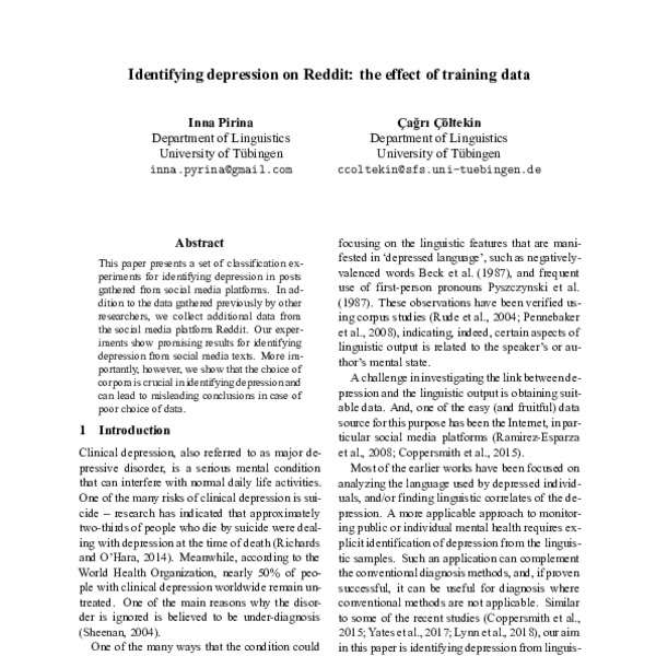 Identifying Depression on Reddit: The Effect of Training Data - ACL ...