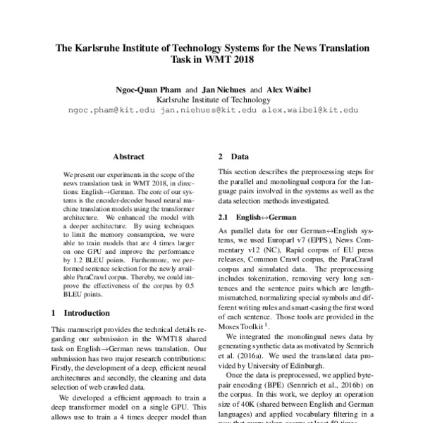 The Karlsruhe Institute of Technology Systems for the News Translation ...