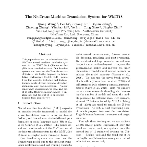 The NiuTrans Machine Translation System for WMT18 - ACL Anthology