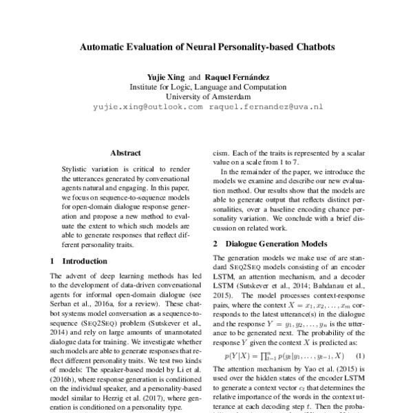 Automatic Evaluation Of Neural Personality Based Chatbots Acl Anthology