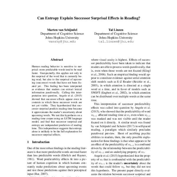 Can Entropy Explain Successor Surprisal Effects in Reading? - ACL Anthology
