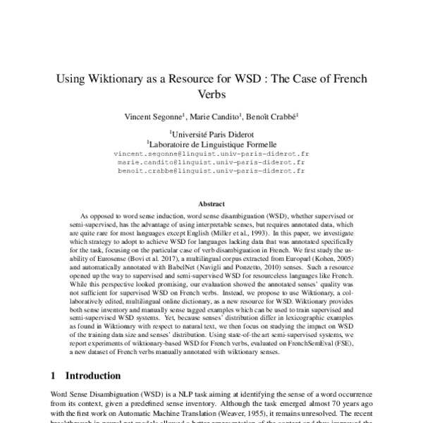 Using Wiktionary as a resource for WSD : the case of French verbs - ACL ...