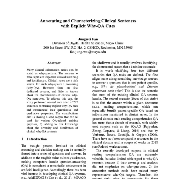 Annotating and Characterizing Clinical Sentences with Explicit Why-QA ...