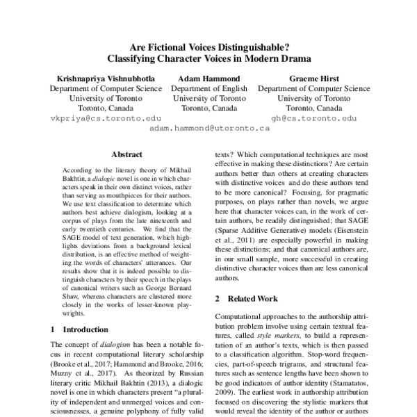 Are Fictional Voices Distinguishable? Classifying Character Voices in ...