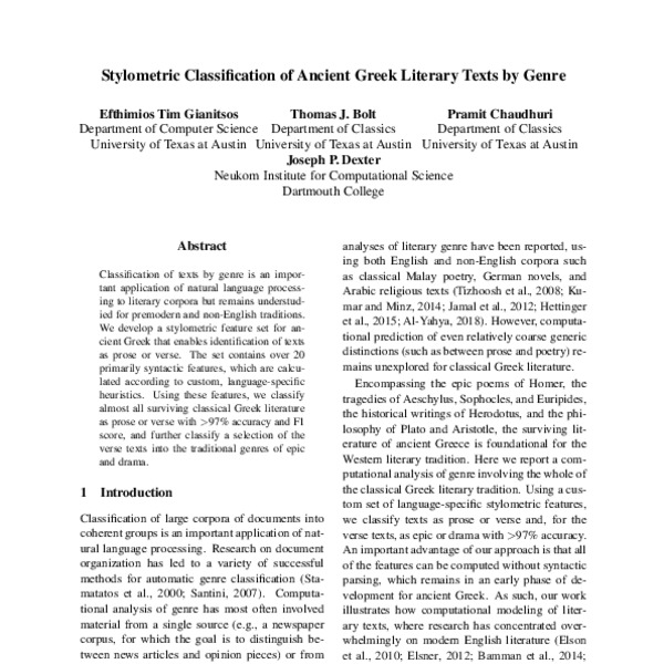 Stylometric Classification of Ancient Greek Literary Texts by Genre ...
